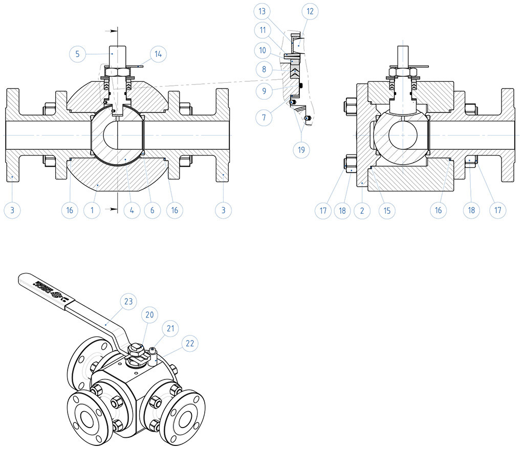 Kugelhahn THOR Split Body 3 Wege 4 Dichtungen PN 16-40 ANSI 150 aus ...